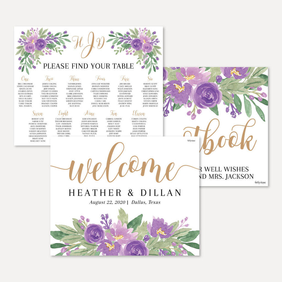 Printable Elegant Purple Floral Wedding Signs Set Templates | Hadley ...