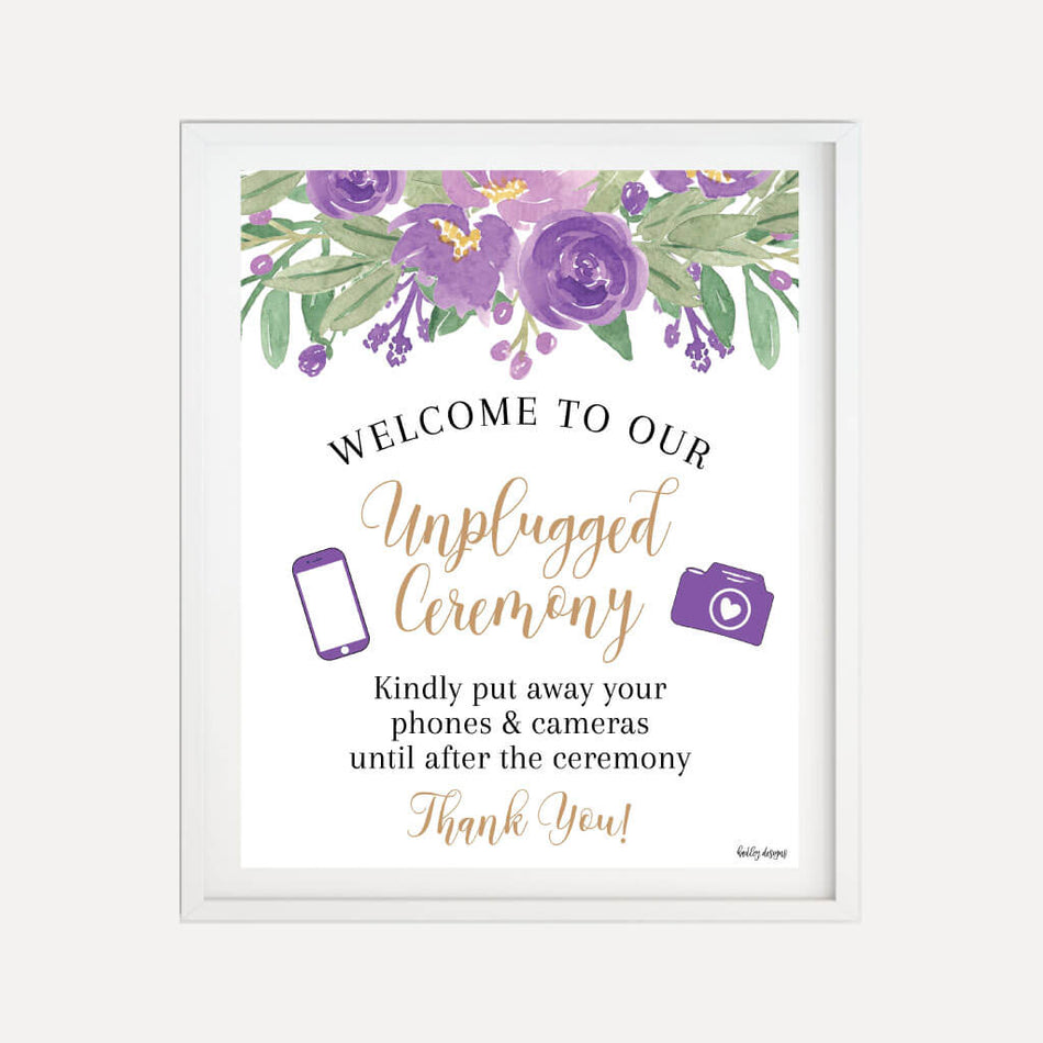 Printable Elegant Purple Floral Wedding Unplugged Ceremony Sign ...