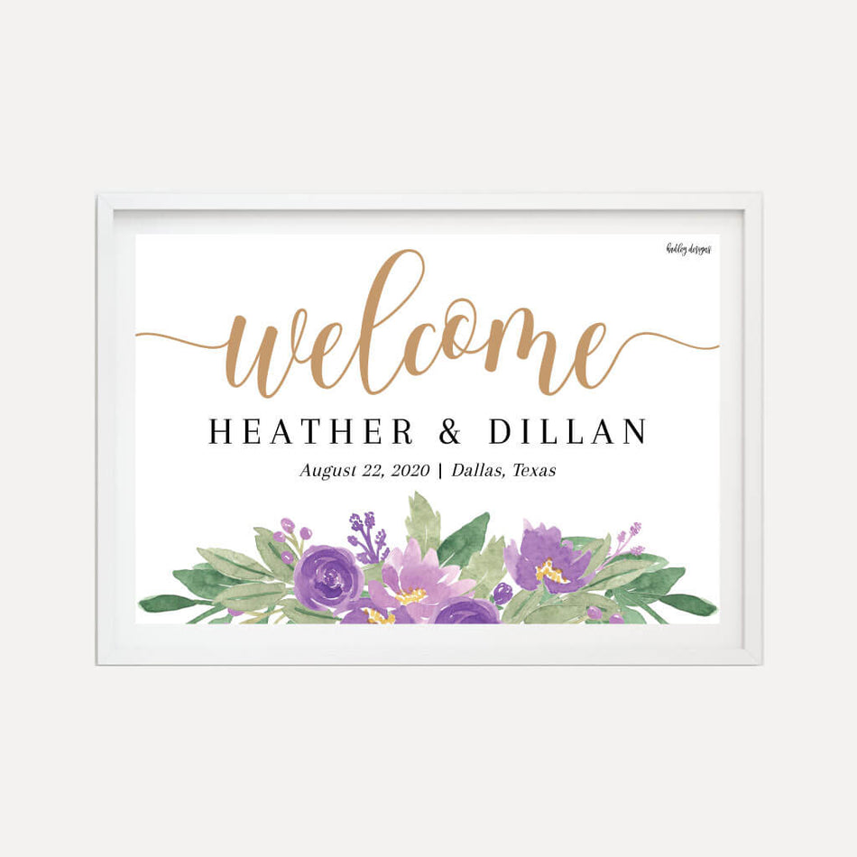Printable Elegant Purple Floral Wedding Welcome Sign Template | Hadley ...