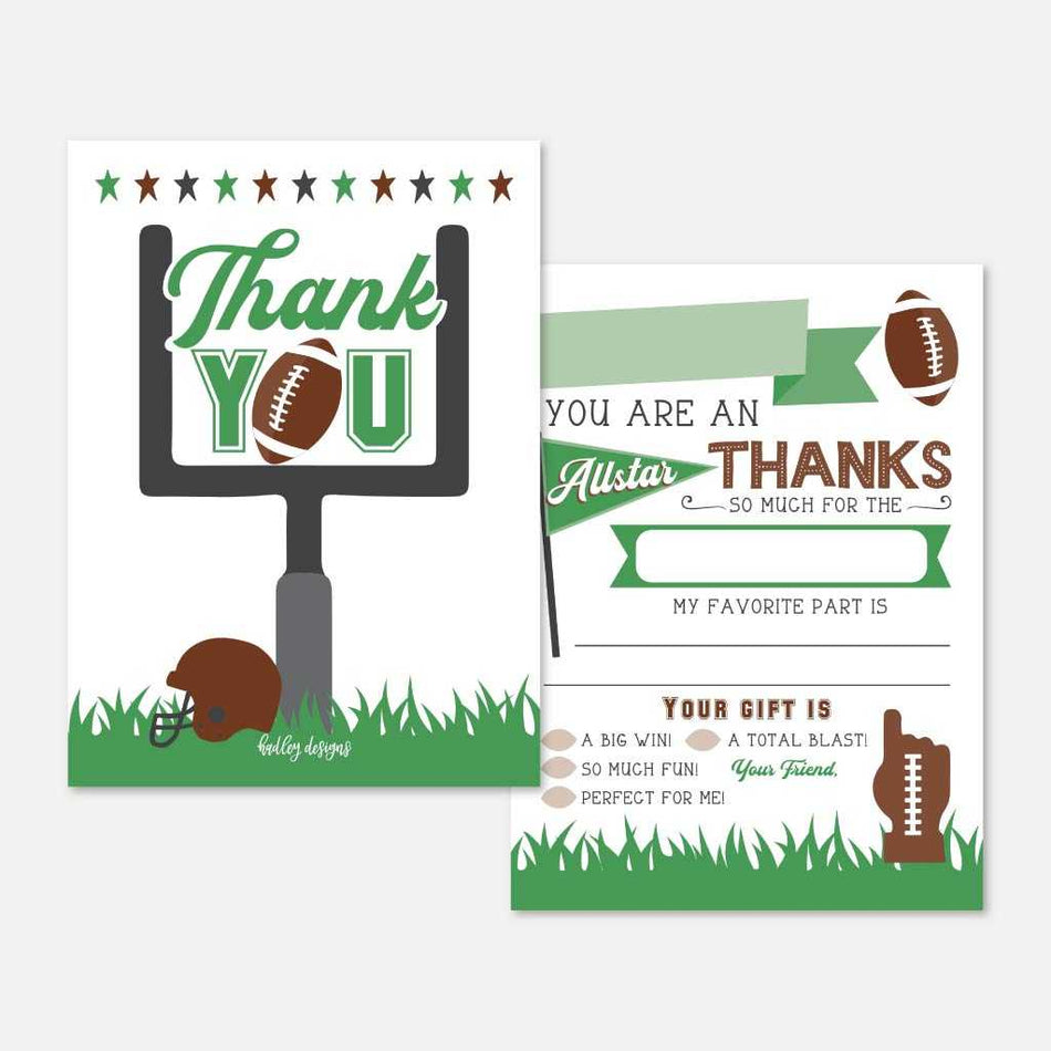 Printable Field Football Kids Party Fill In The Blank Thank You Card ...