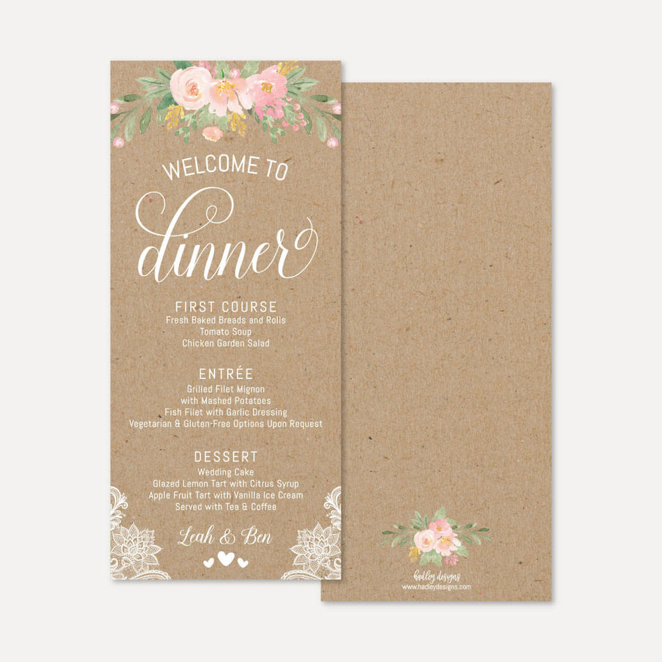 Printable Floral Kraft Lace Rustic Wedding Menu Template | Hadley Designs