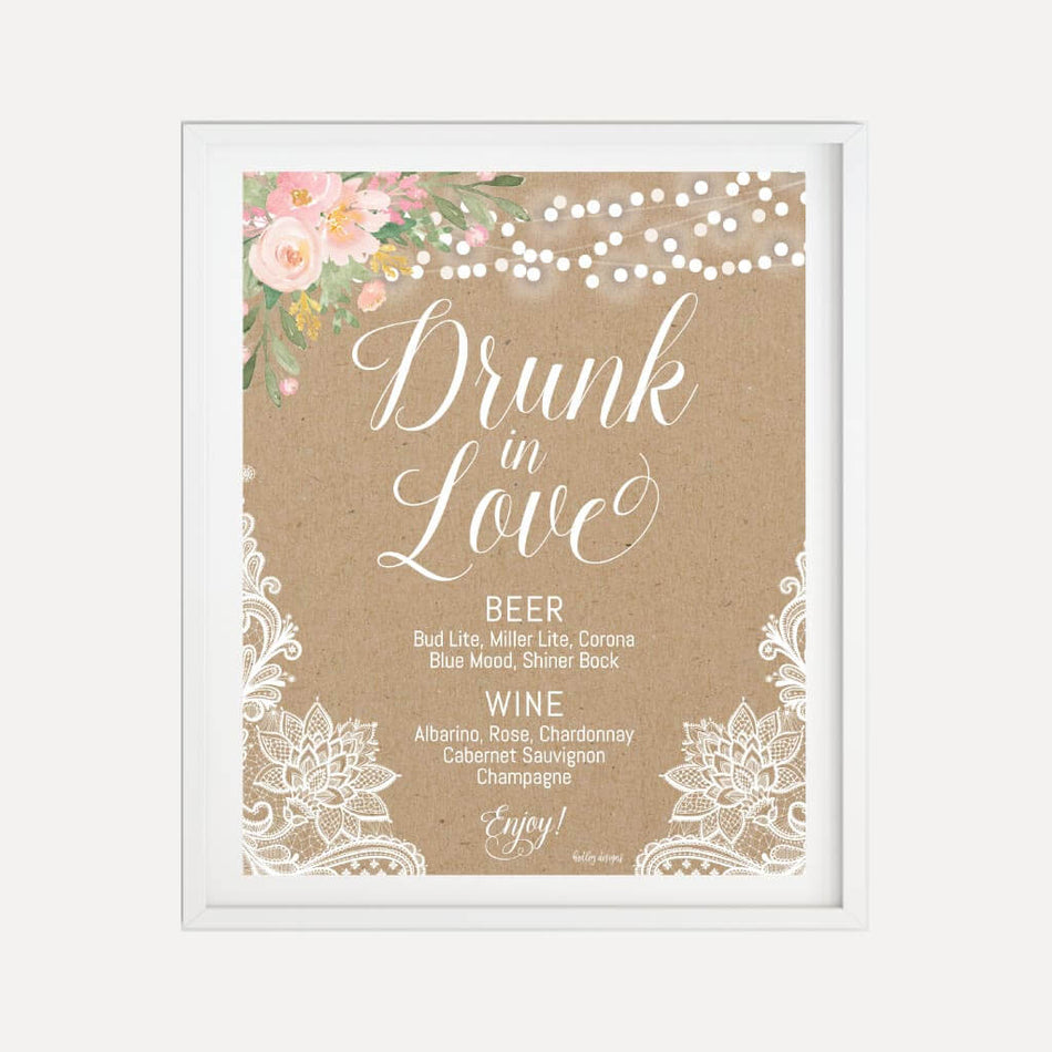 Printable Floral Kraft Lace Rustic Wedding Bar Menu Sign Template ...