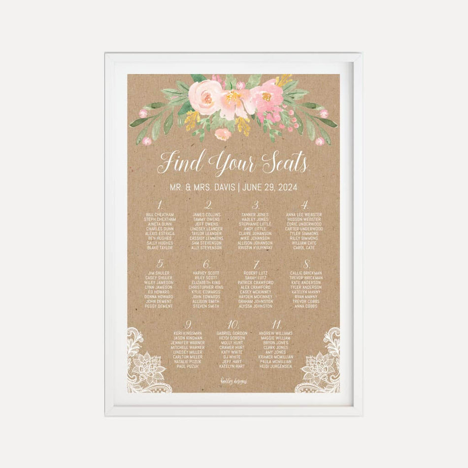 Printable Floral Kraft Lace Rustic Wedding Seating Chart Sign Template ...