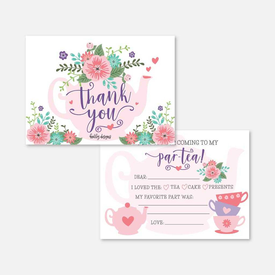 Printable Floral Tea Kids Party Fill In The Blank Thank You Card ...