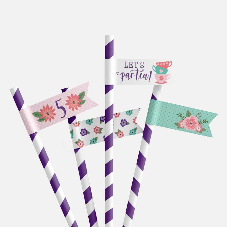 Printable Floral Tea Kids Party Straw Flags Template | Hadley Designs ...