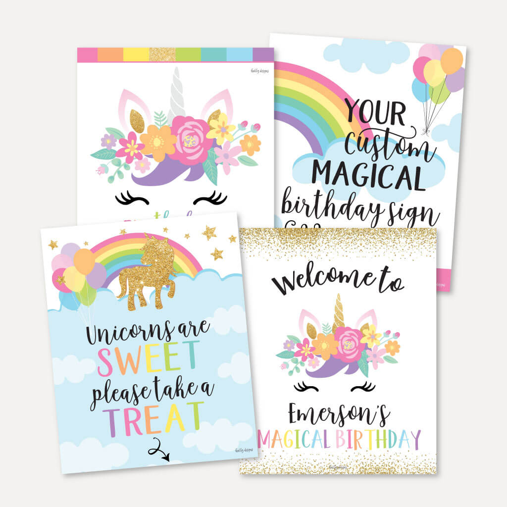 Printable Floral Unicorn Kids Party Sign Set Templates | Hadley Designs ...