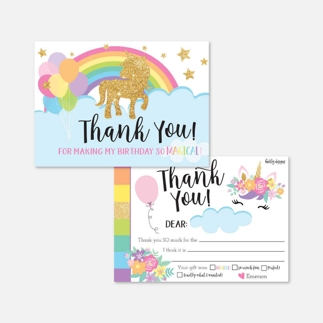 Printable Floral Unicorn Kids Party Fill In The Blank Thank You Card ...
