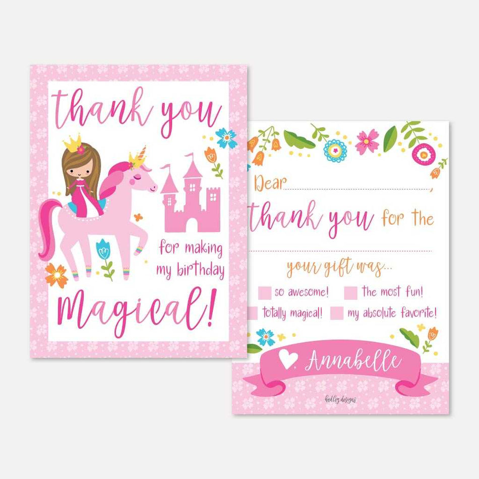 Printable Unicorn Princess Kids Party Fill In The Blank Thank You Card ...
