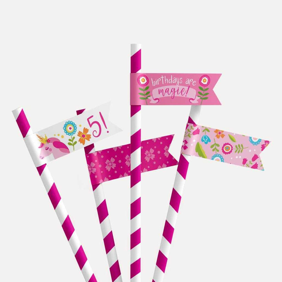 Printable Unicorn Princess Kids Party Straw Flags Template | Hadley Designs
