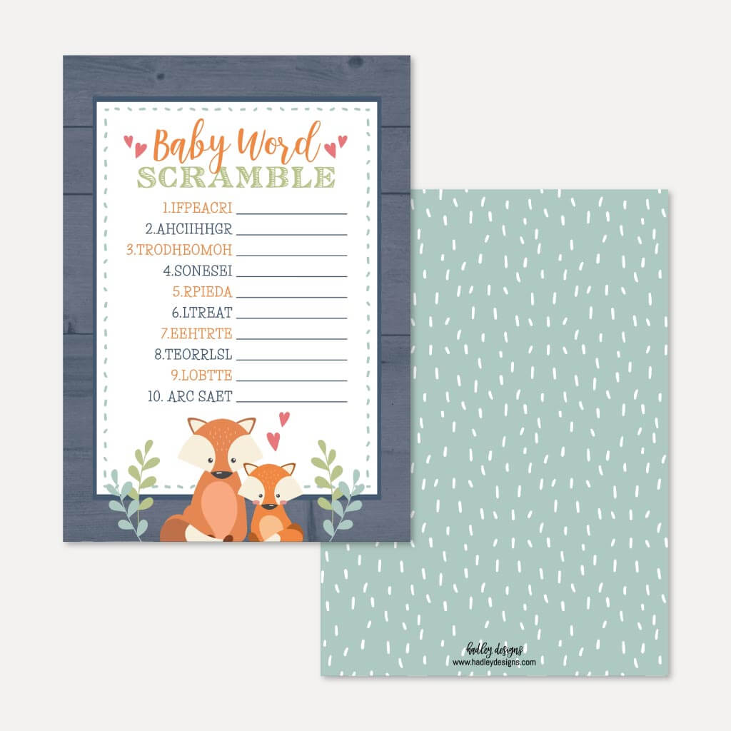 Printable Fox Baby Shower Word Scramble Game Template | Hadley Designs