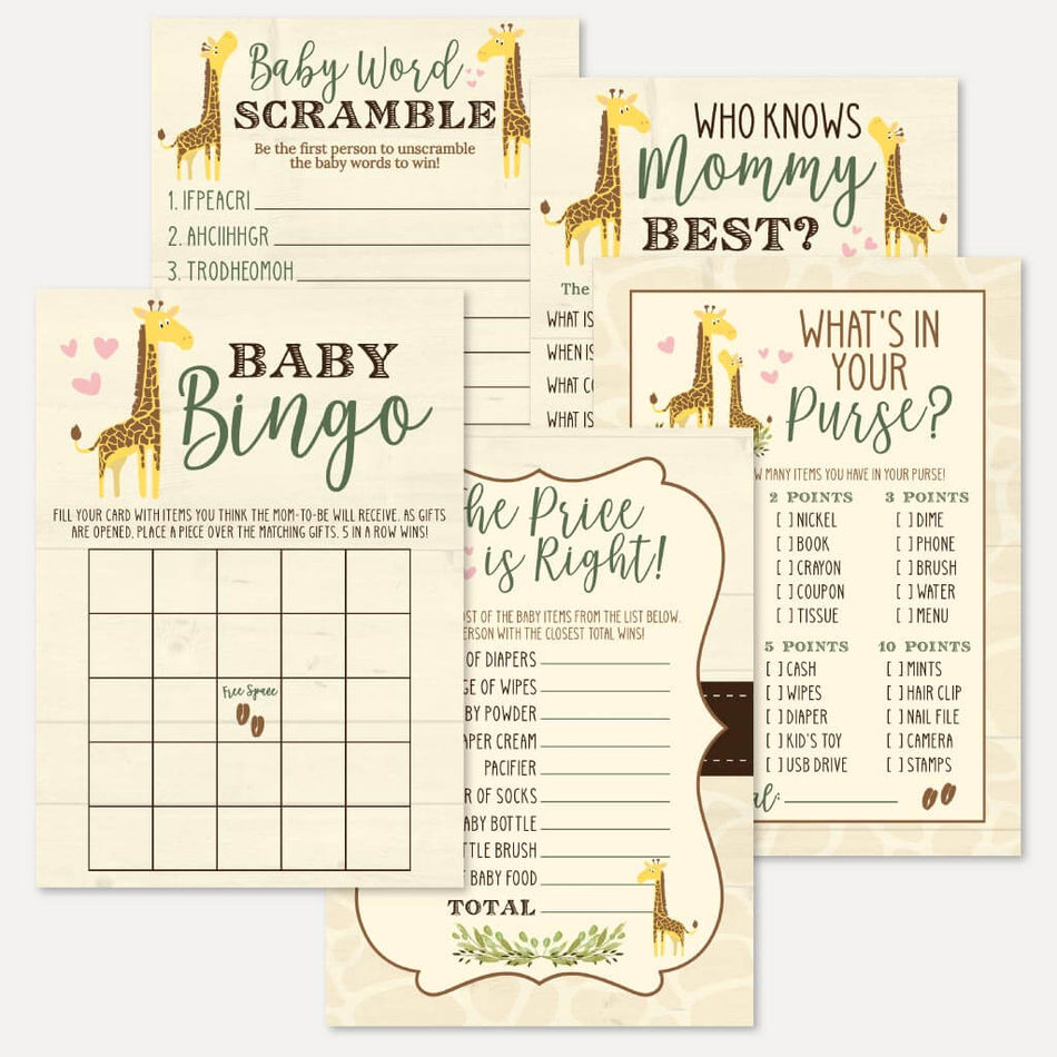 Printable Giraffe Baby Shower Game Set Templates | Hadley Designs