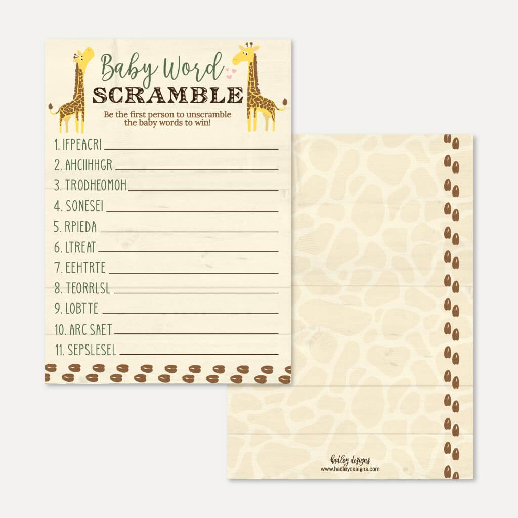 Printable Giraffe Baby Shower Word Scramble Game Template | Hadley Designs