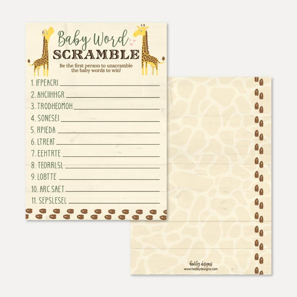 Printable Giraffe Baby Shower Word Scramble Game Template | Hadley Designs