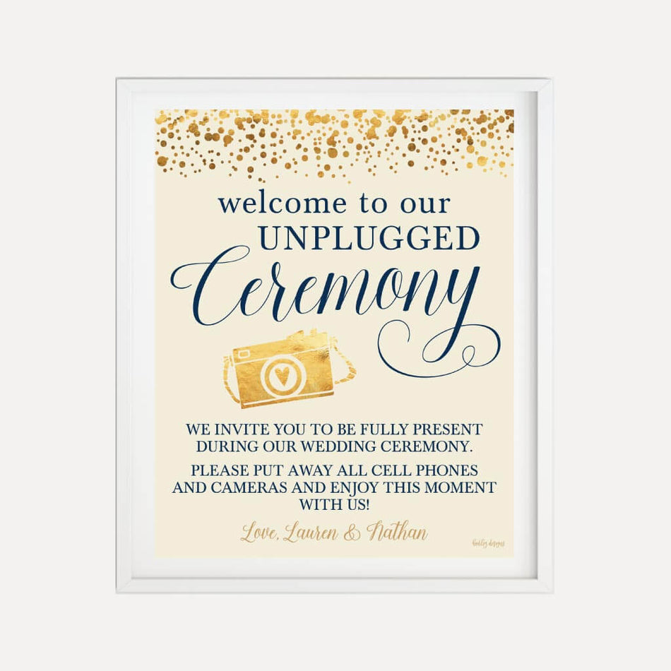 Printable Gold Dots Navy Wedding Unplugged Ceremony Sign Template ...