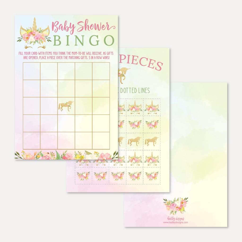 Printable Gold Glitter Unicorn Baby Shower Bingo Game Template | Hadley ...