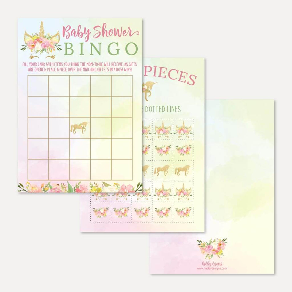 Printable Gold Glitter Unicorn Baby Shower Bingo Game Template | Hadley ...