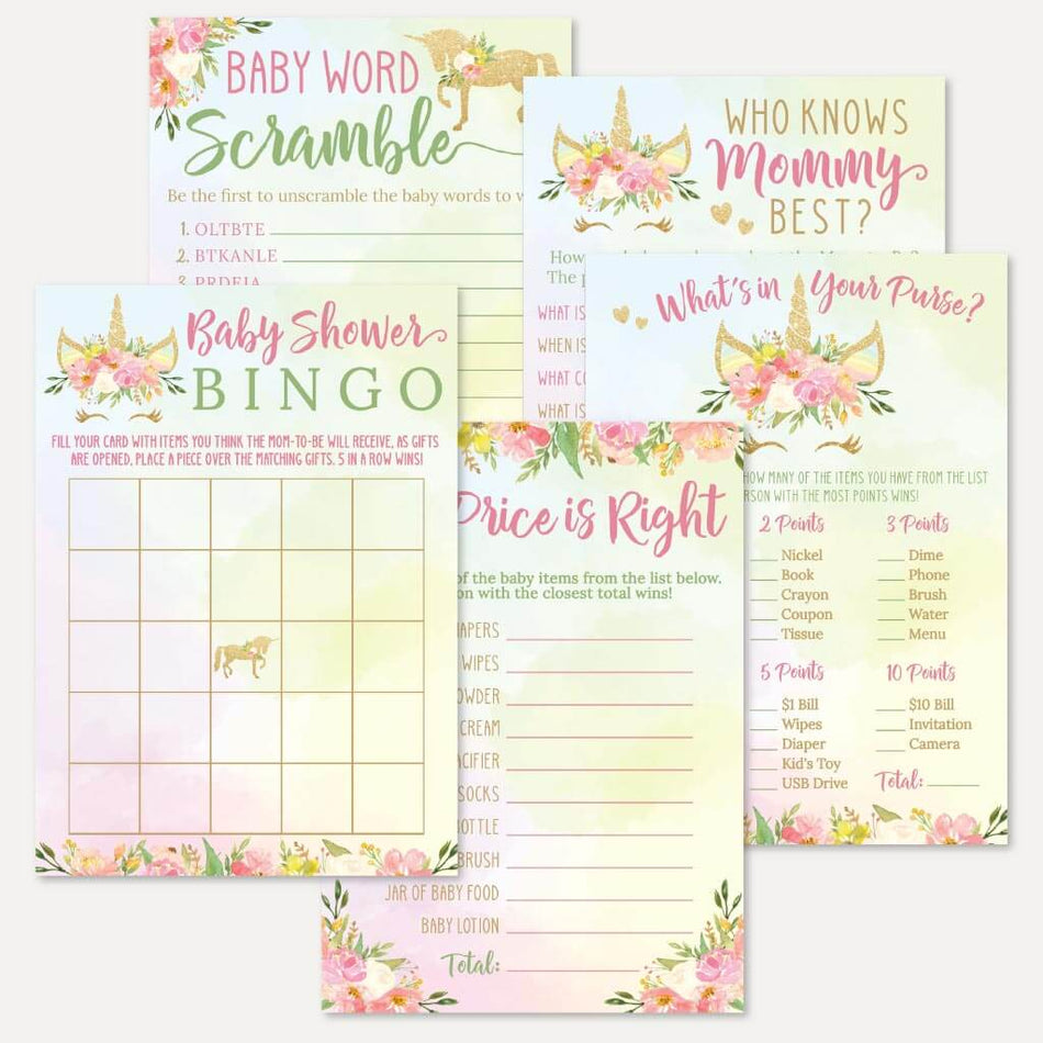 Printable Gold Glitter Unicorn Baby Shower Game Set Templates | Hadley ...