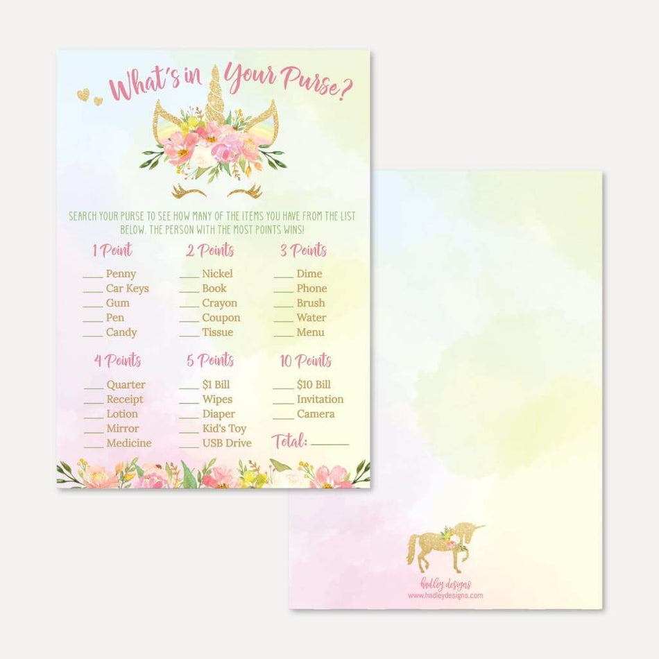 Printable Gold Glitter Unicorn Baby Shower What's In Your Purse? Game ...