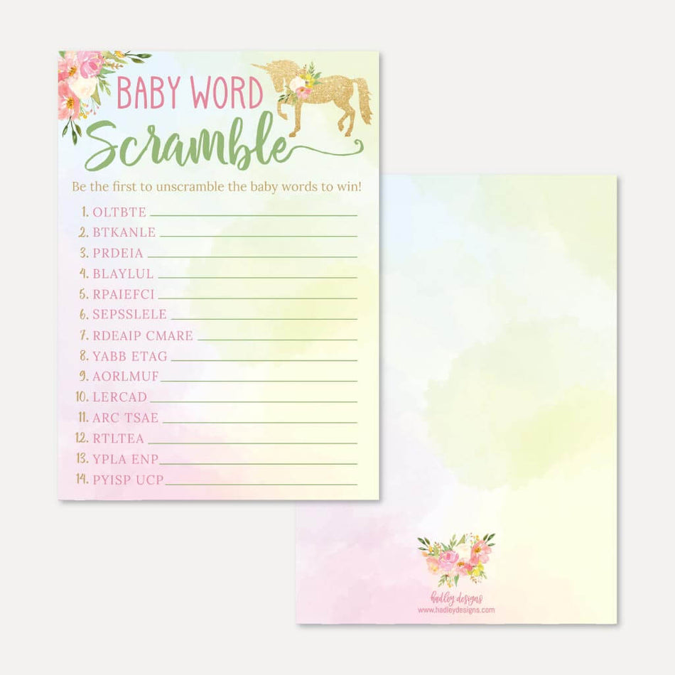 Printable Gold Glitter Unicorn Baby Shower Word Scramble Game Template ...