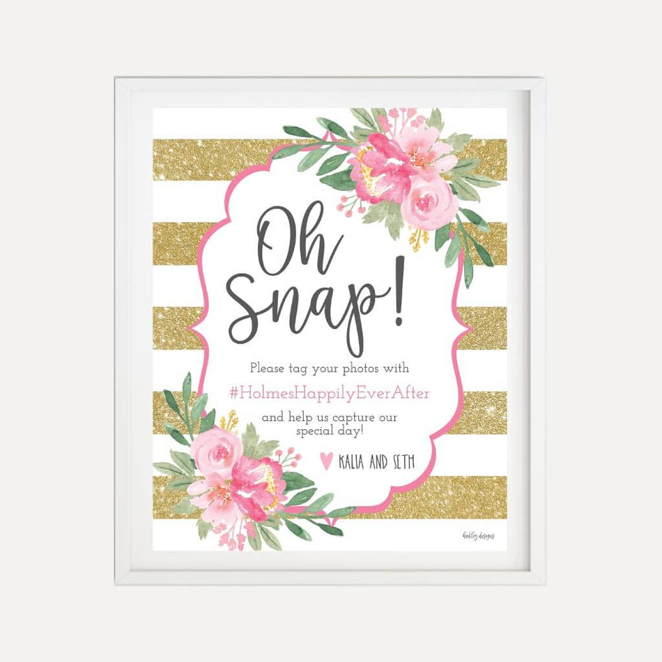 Printable Gold Glitter Striped Blush Floral Wedding Hashtag Sign ...