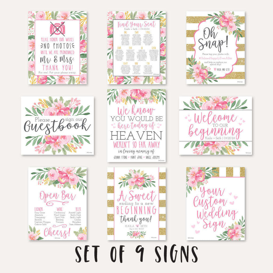 Printable Gold Glitter Striped Blush Floral Wedding Signs Set Templates ...