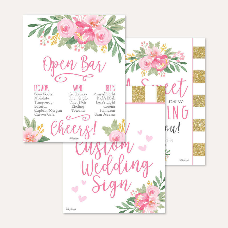Printable Gold Glitter Striped Blush Floral Wedding Signs Set Templates ...