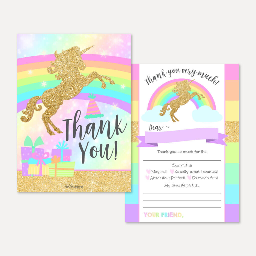 Printable Gold Glitter Unicorn Kids Party Fill In The Blank Thank You ...