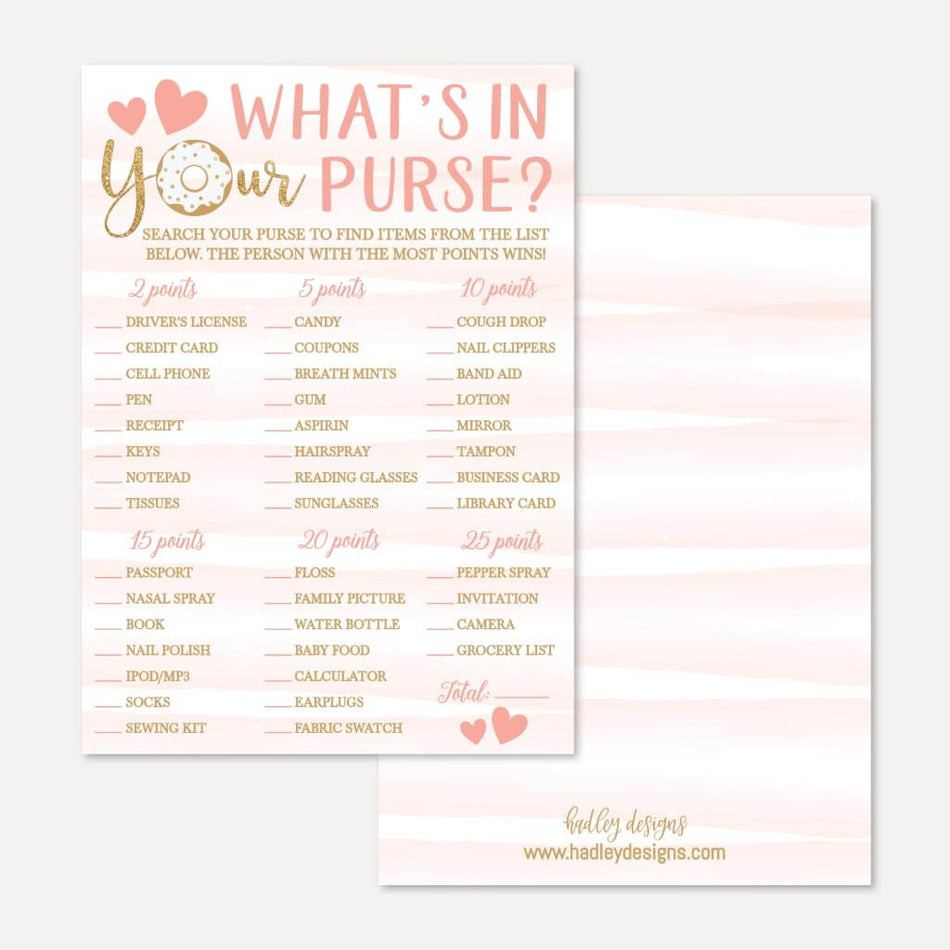 Printable Pink Donut Baby Shower What's In Your Purse Game? Template ...