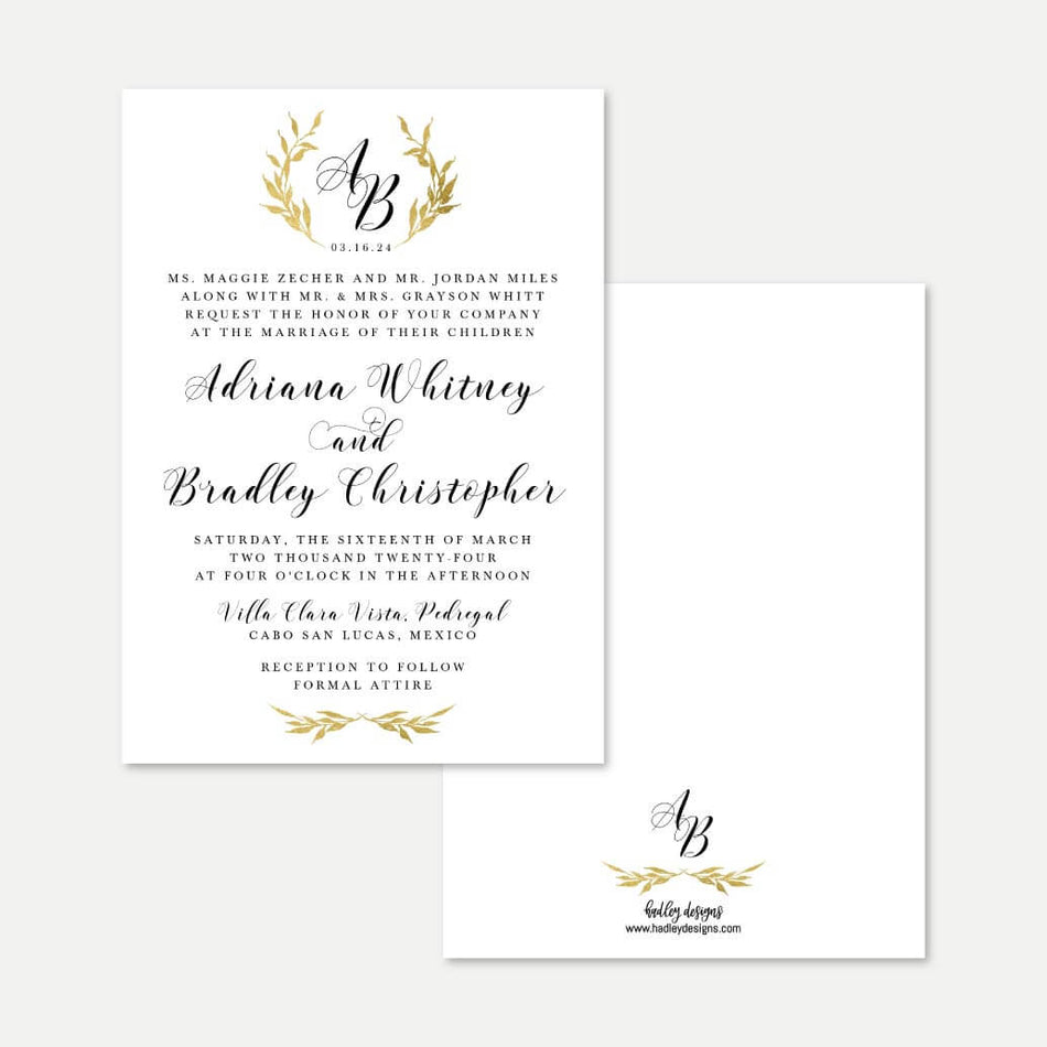 Printable Gold Shimmer Laurel Wedding Invitation Template | Hadley Designs - Printables