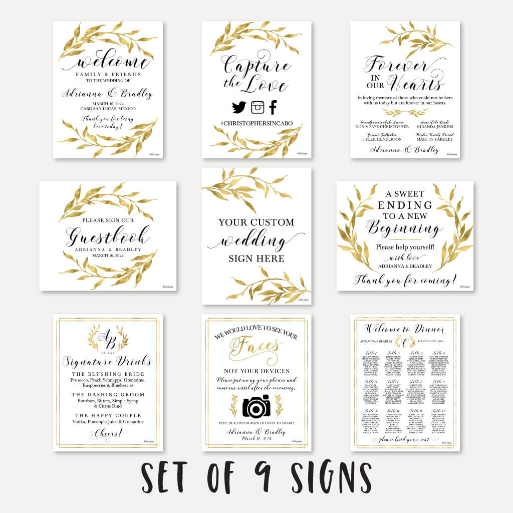 Printable Gold Shimmer Laurel Wedding Signs Set Templates | Hadley Designs