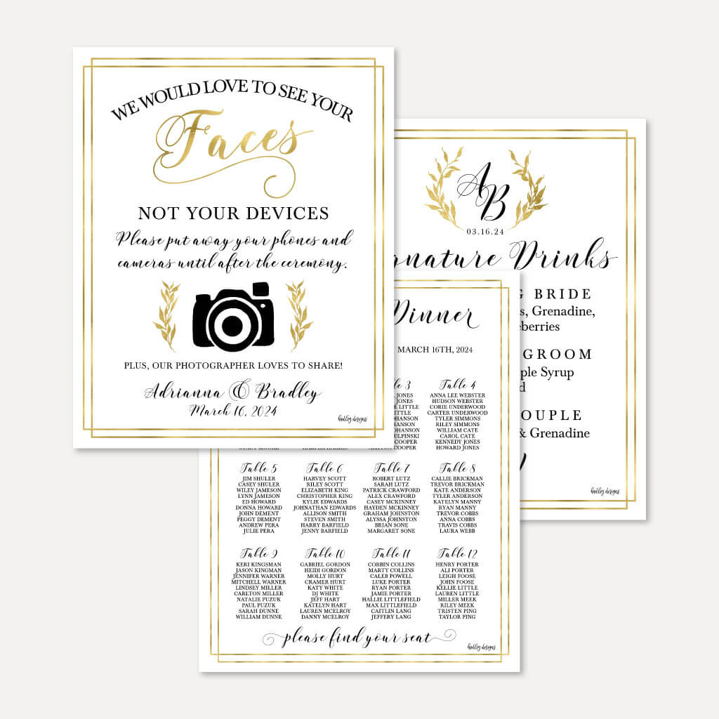 Printable Gold Shimmer Laurel Wedding Signs Set Templates | Hadley Designs