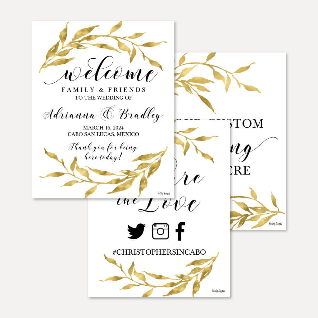 Printable Gold Shimmer Laurel Wedding Signs Set Templates | Hadley Designs