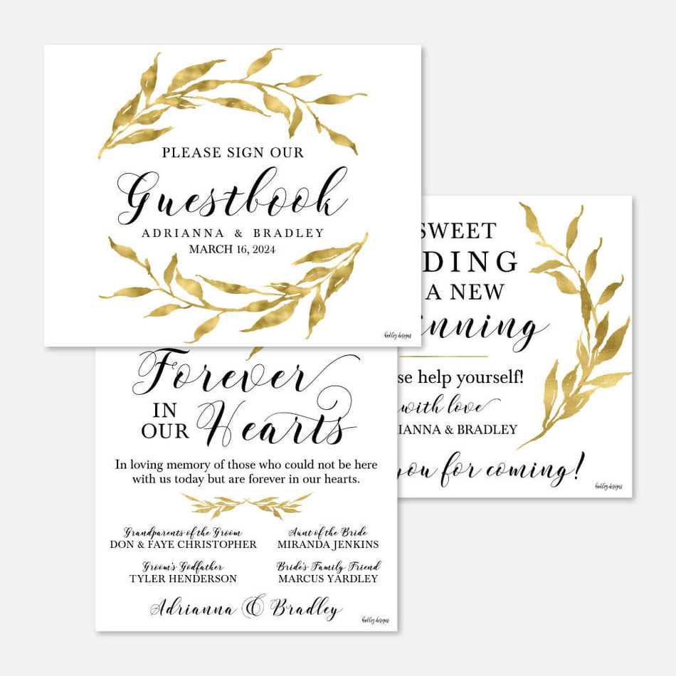 Printable Gold Shimmer Laurel Wedding Signs Set Templates | Hadley ...
