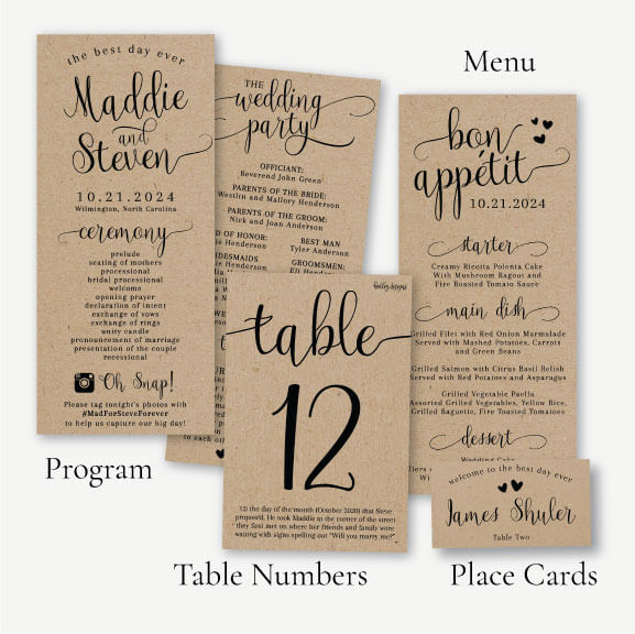 Printable Kraft Calligraphy Wedding Complete Package Templates | Hadley ...