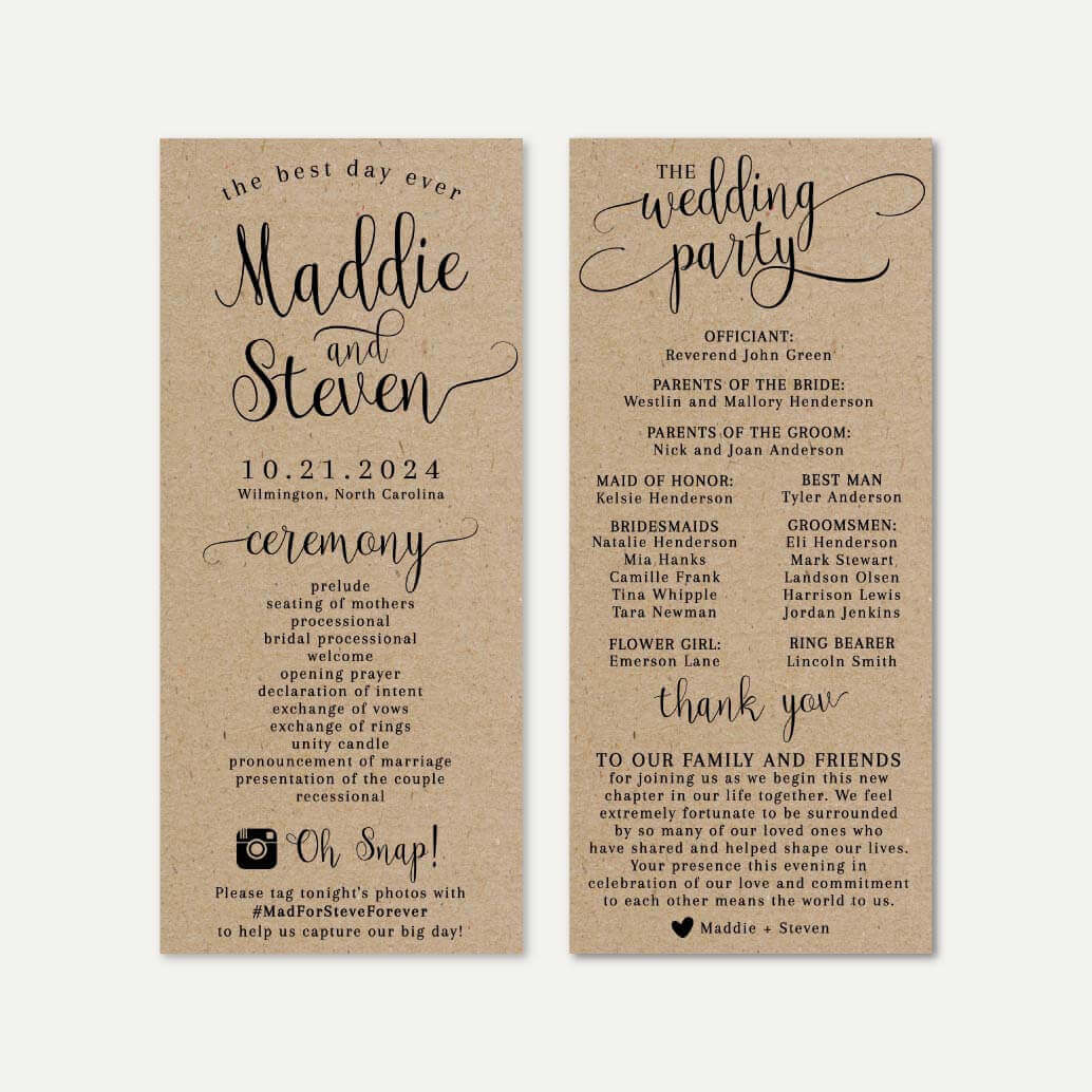 Printable Kraft Calligraphy Wedding Program Template | Hadley Designs