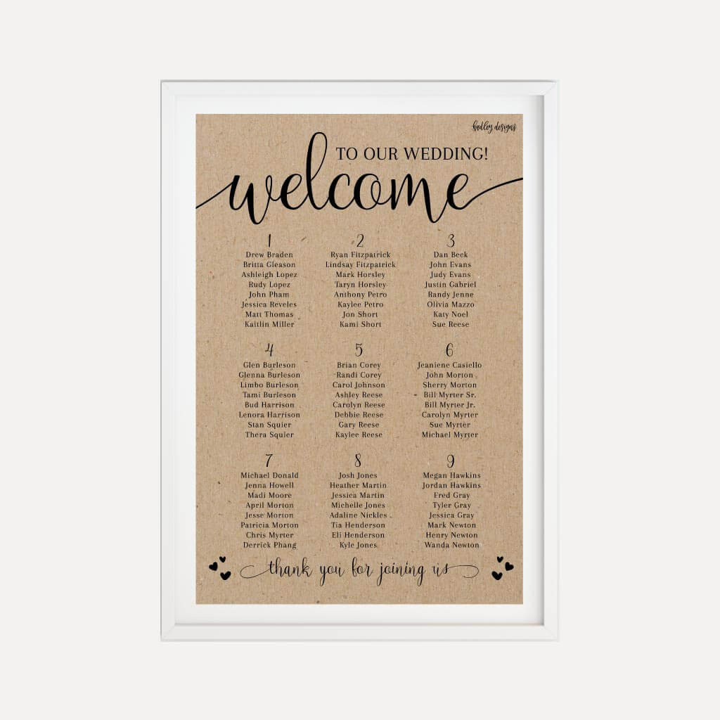 Printable Kraft Calligraphy Wedding Seating Chart Sign Template ...
