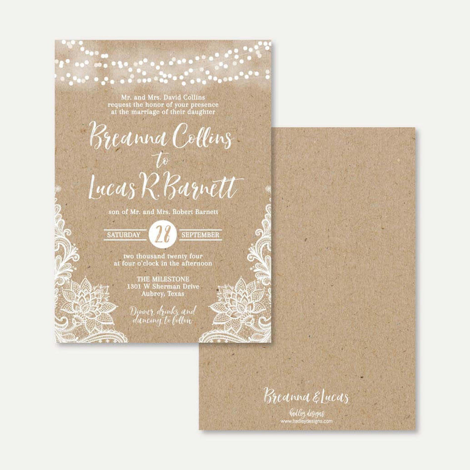 Printable Kraft Lace Rustic Wedding Invitation Template | Hadley Designs - Printables