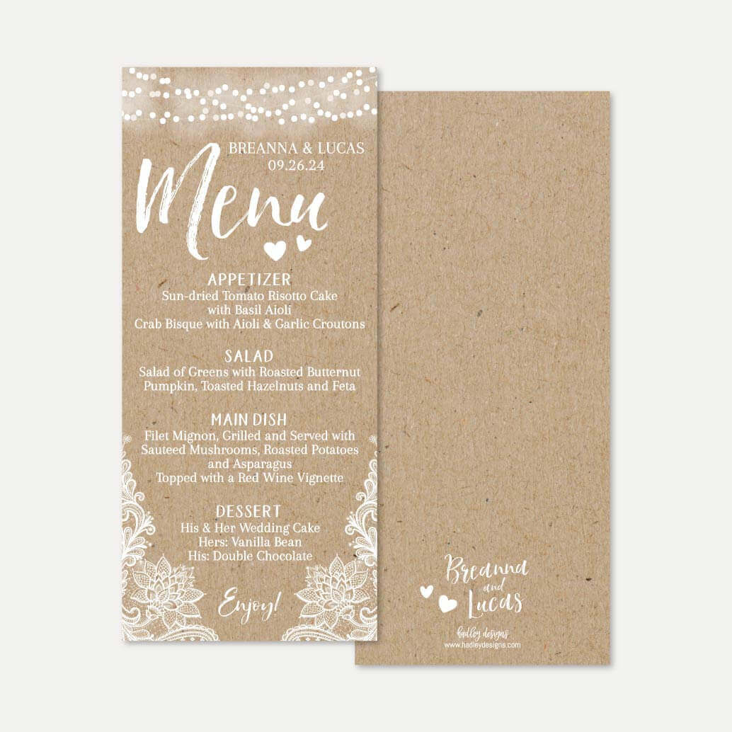 Printable Kraft Lace Rustic Wedding Menu Template | Hadley Designs