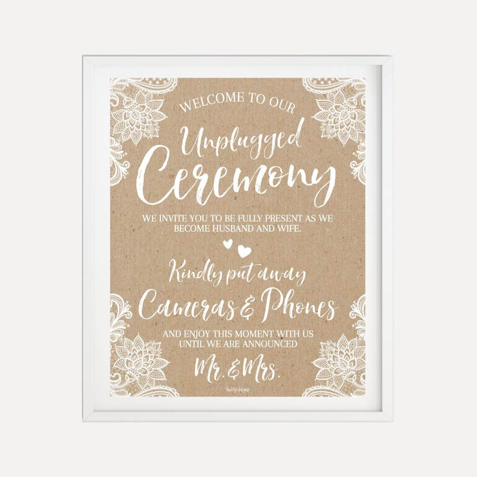 Printable Kraft Lace Rustic Wedding Unplugged Ceremony Sign Template ...