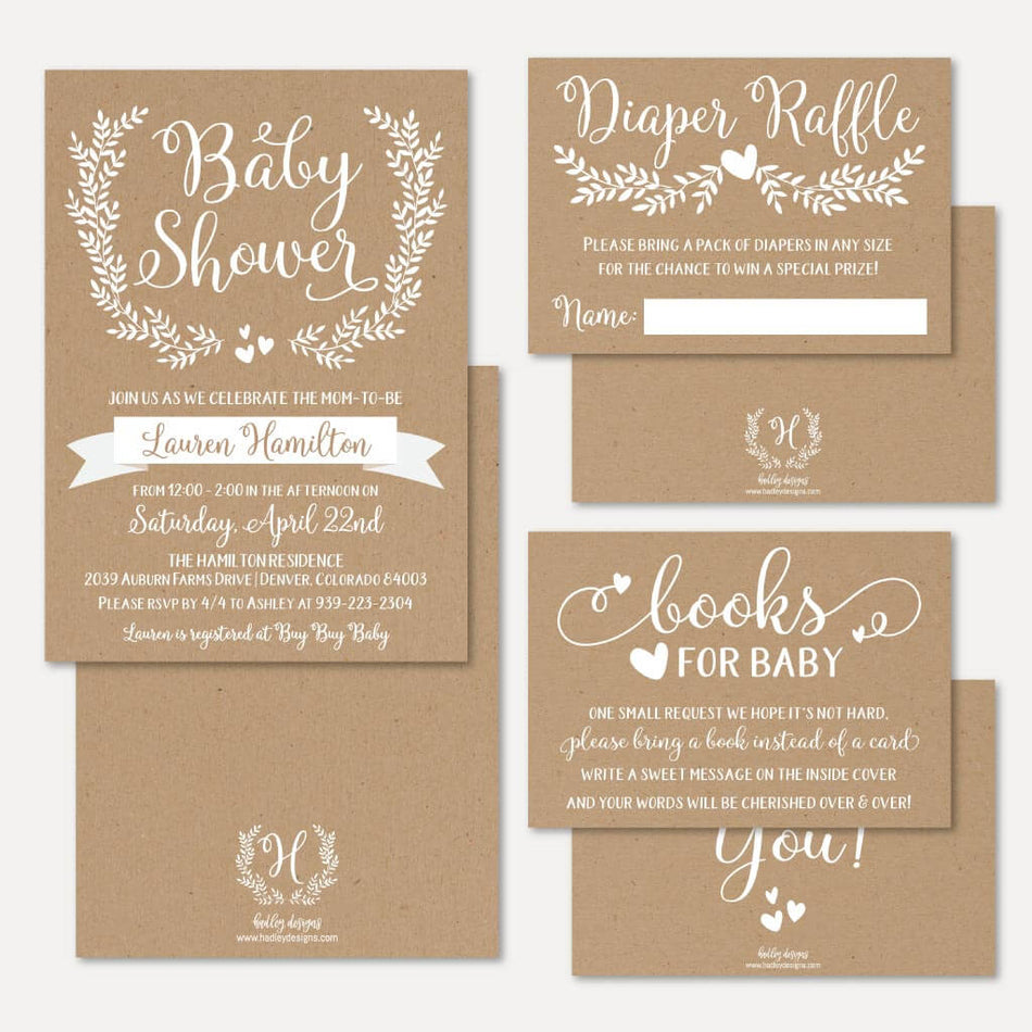 Printable Kraft and White Floral Baby Shower Invitation Suite Template ...