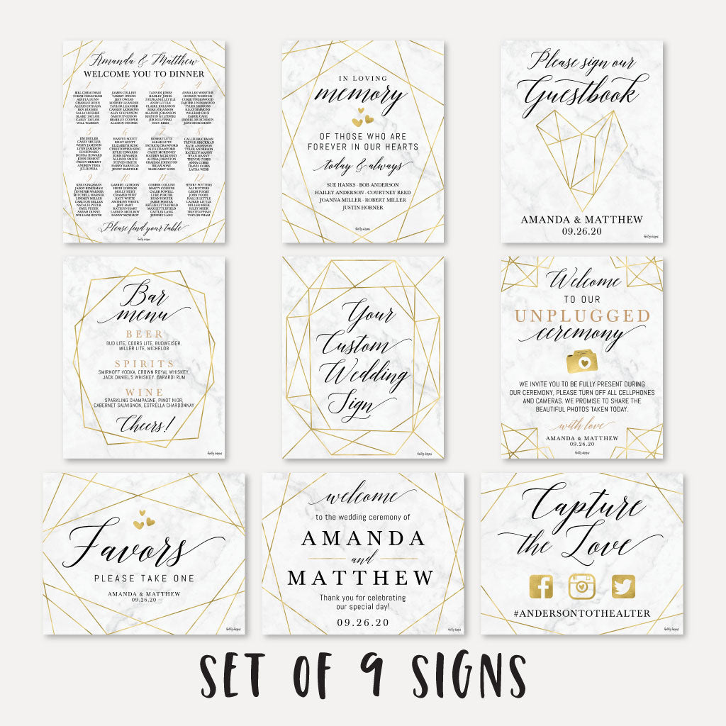 Printable Marble and Gold Geometric Wedding Signs Set Templates ...