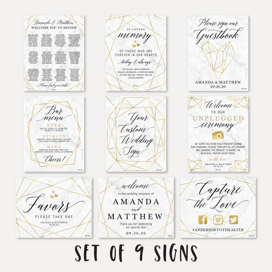 Printable Marble and Gold Geometric Wedding Signs Set Templates ...