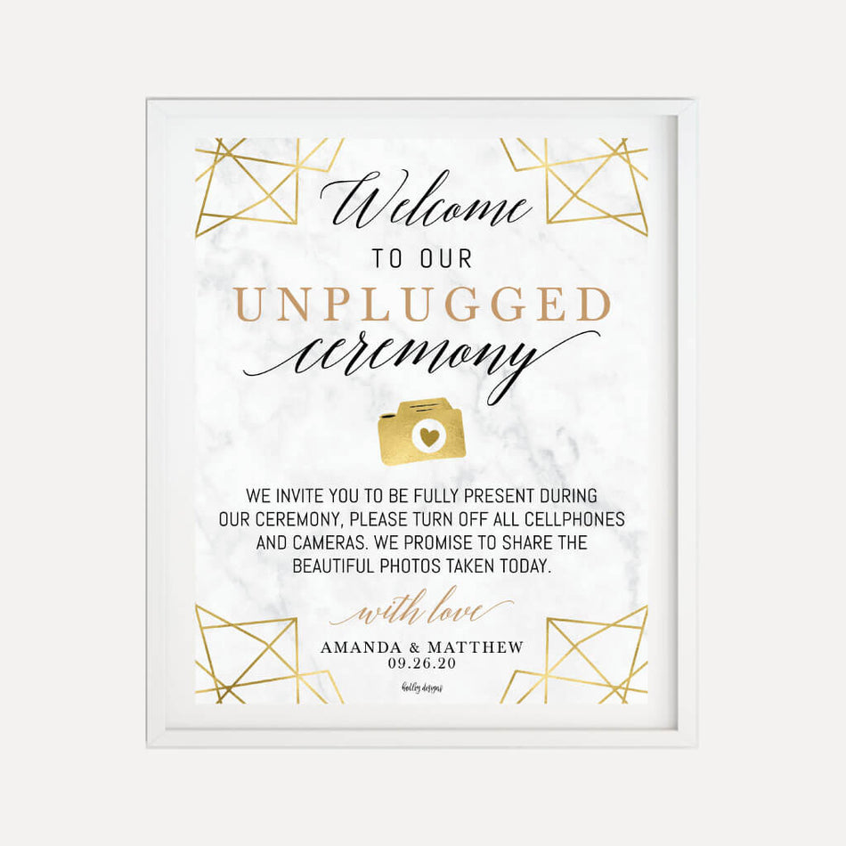 Printable Marble and Gold Geometric Wedding Unplugged Ceremony Sign ...