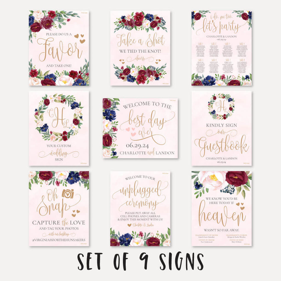 Printable Marsala Wreath Wedding Signs Set Templates | Hadley Designs ...