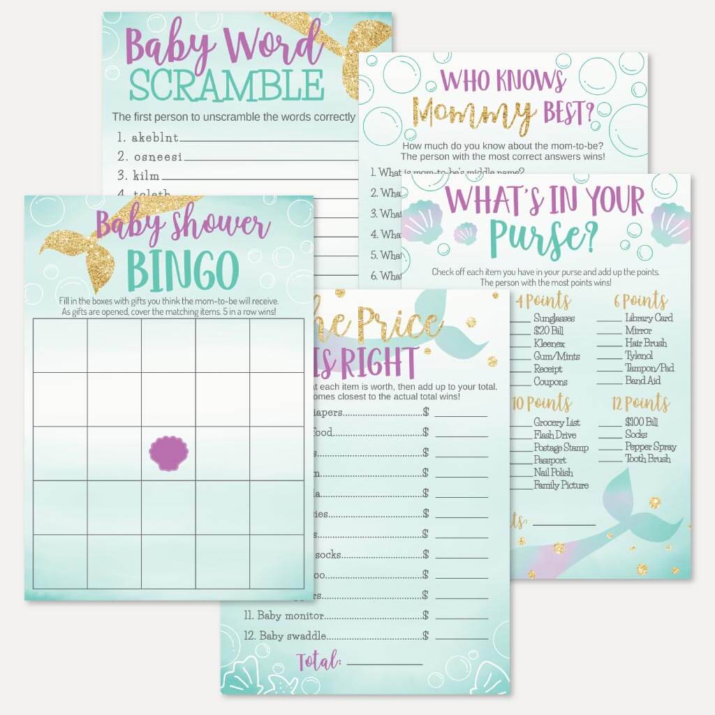 Printable Mermaid Baby Shower Game Set Templates | Hadley Designs ...