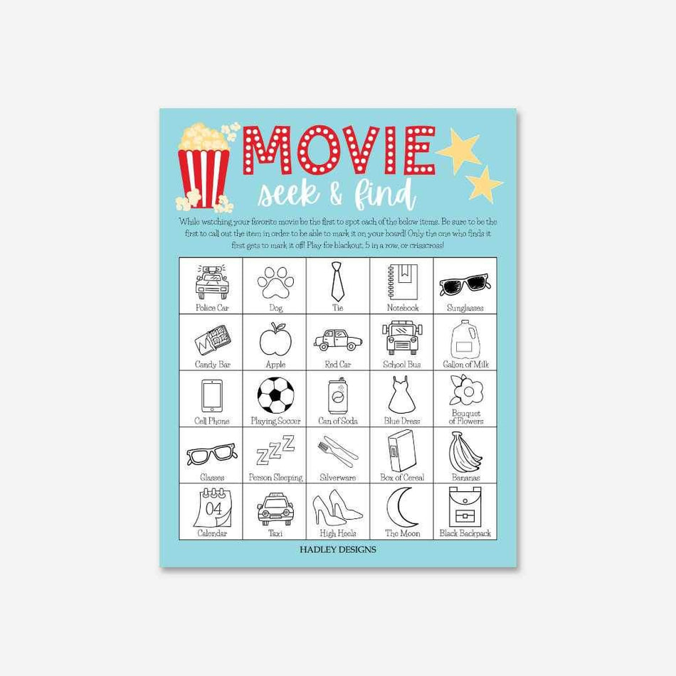 Printable Movie Party Seek and Find Game Template | Hadley Designs