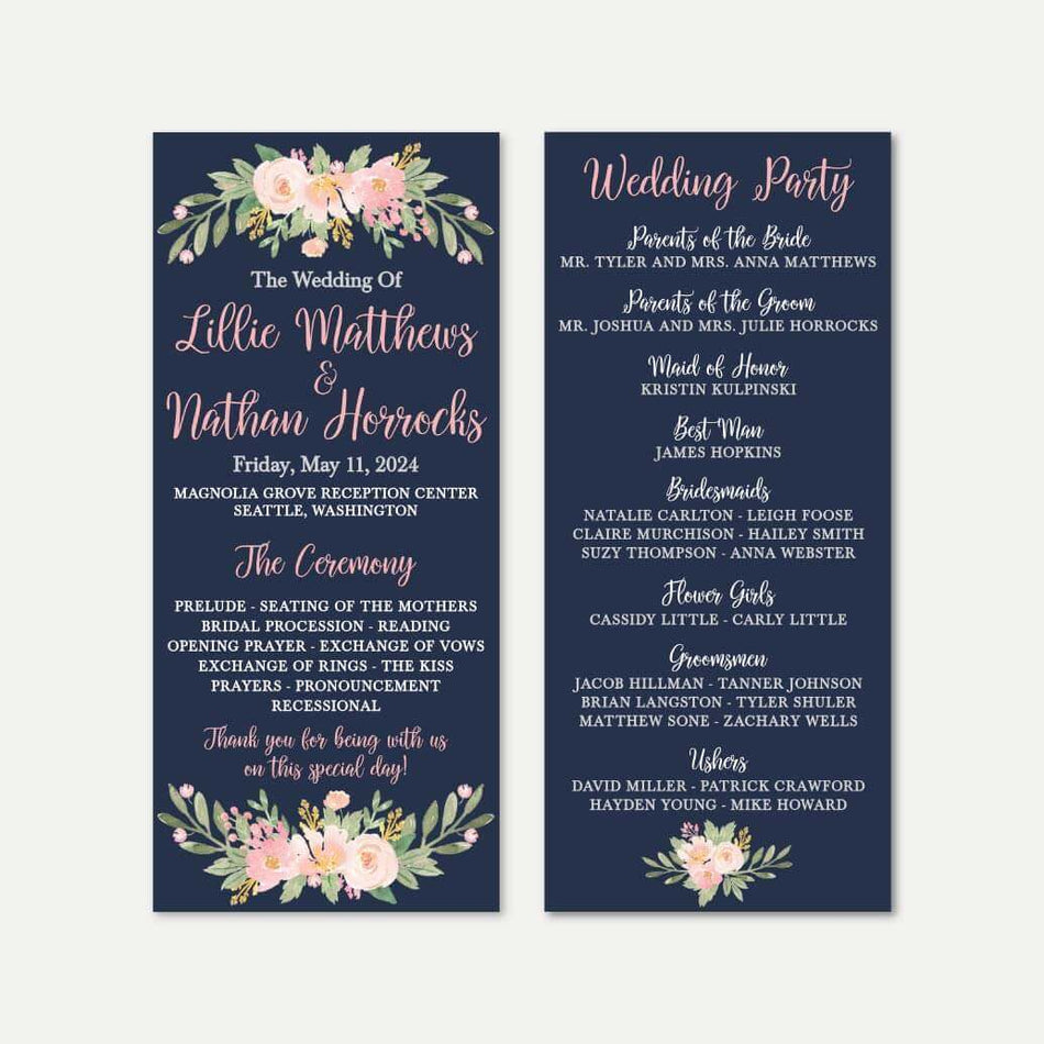 Printable Navy and Blush Floral Wedding Program Template | Hadley Designs