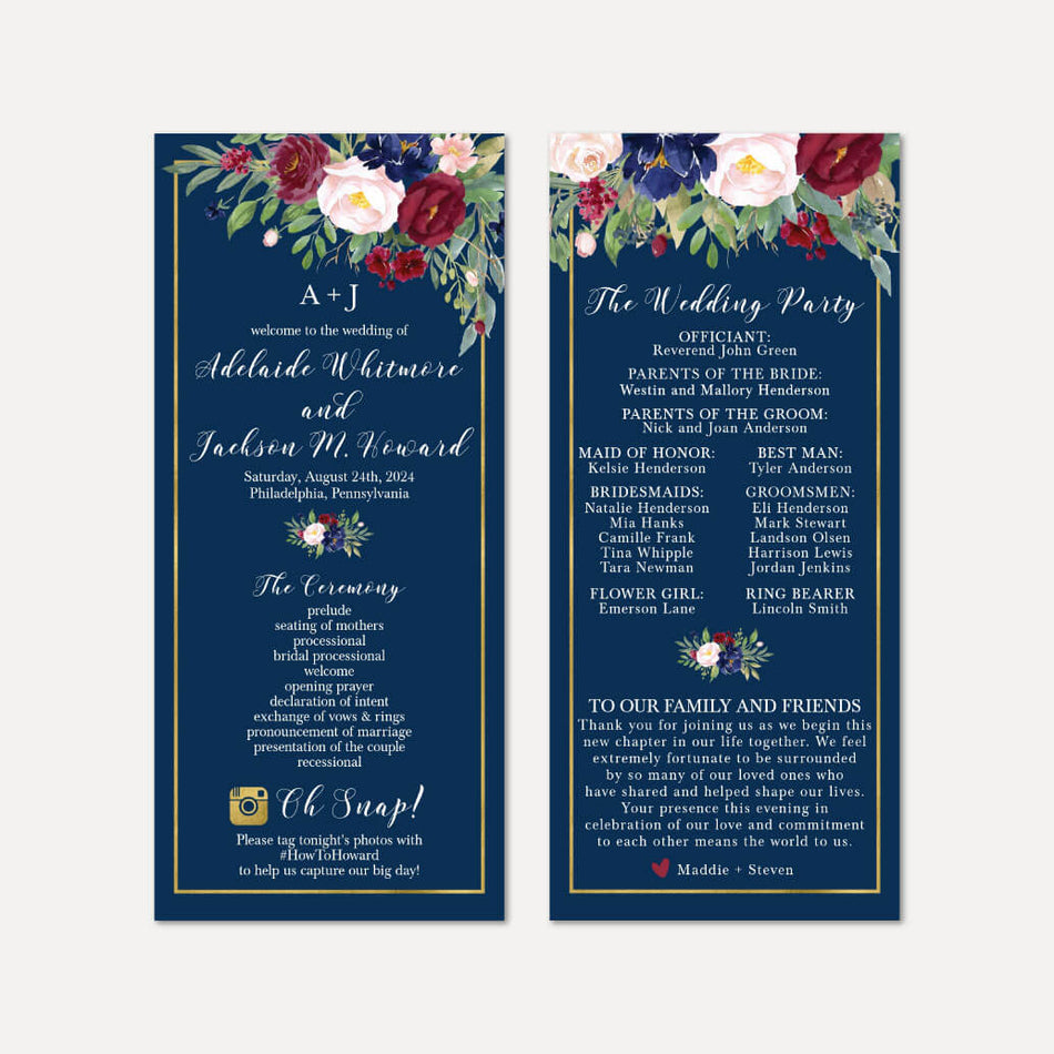 Printable Navy Floral Wedding Program Template | Hadley Designs