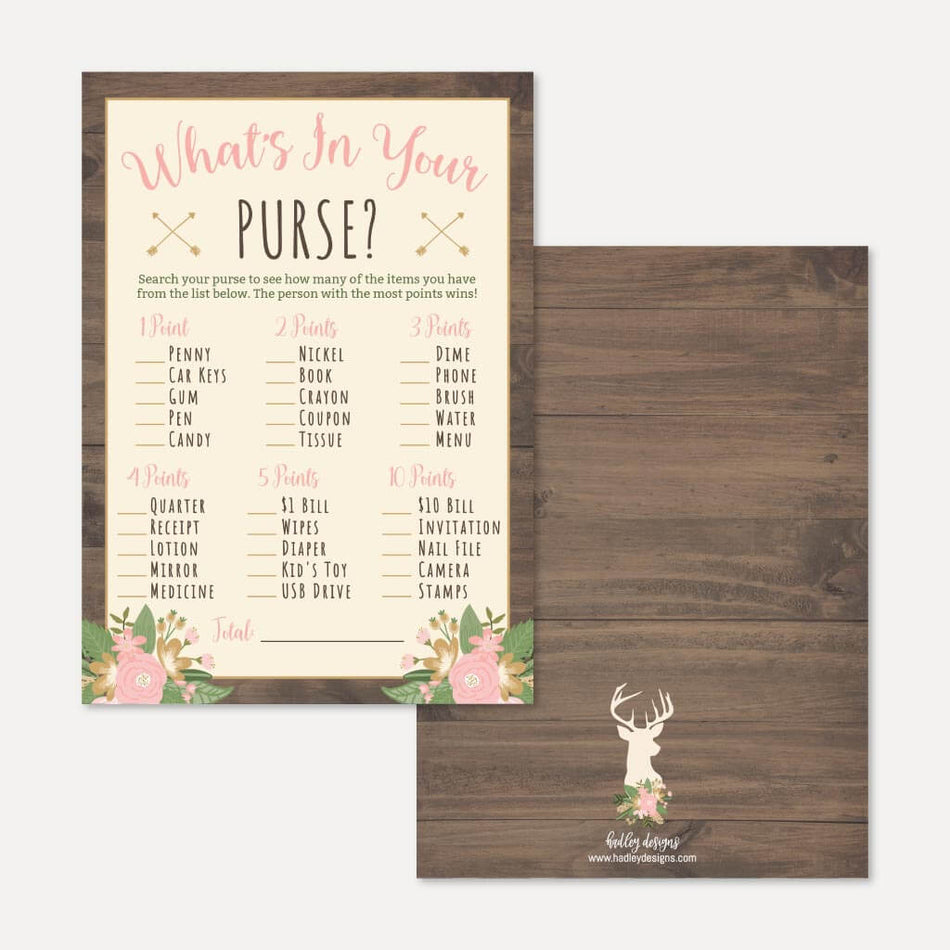 Printable Oh Deer Girl Baby Shower What's In Your Purse? Game Template ...