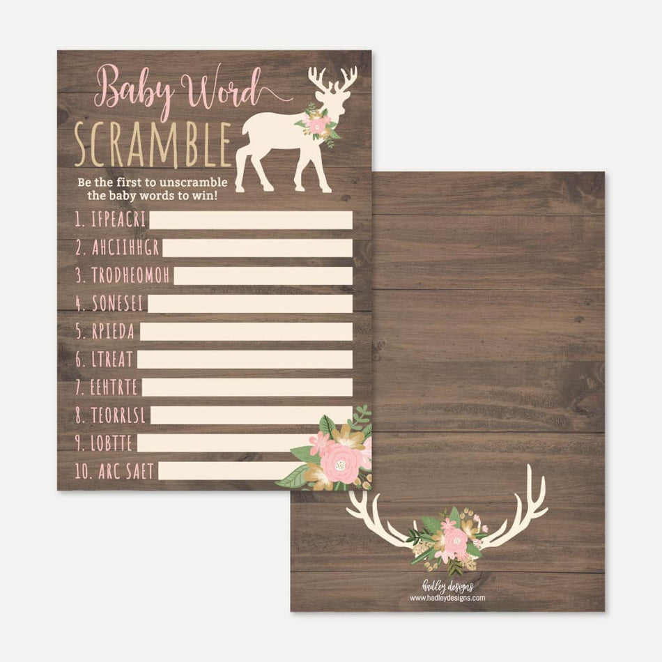 Printable Oh Deer Girl Baby Shower Word Scramble Game Template | Hadley ...